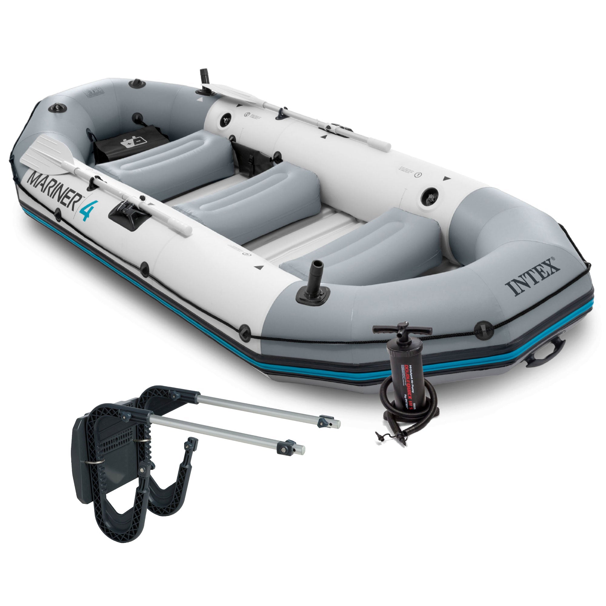 Intex Mariner 4 Inflatable Raft River/Lake Dinghy Boat Set & Motor Mou ...